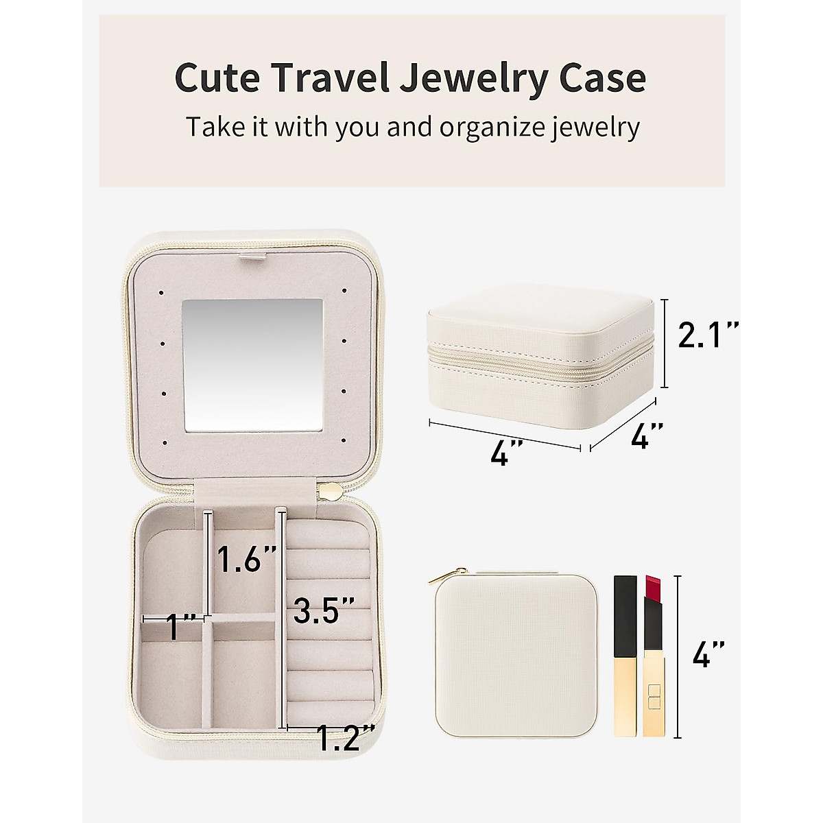 Vlando Small Travel Jewelry Box Organizer - Display Case for Girls Women Gift Rings Earrings Necklaces Storage with Mirror Milky white