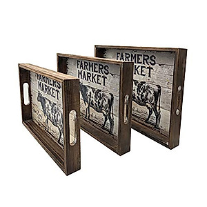 DeliDecor Large Decorative Serving Trays with Handle, Set of 3 Nesting Rustic Wooden Organizer Distressed Farmers Market Farmhouse Decor with Cow Pattern, Coffee Food Platters, Open Daily 17"x12.5"