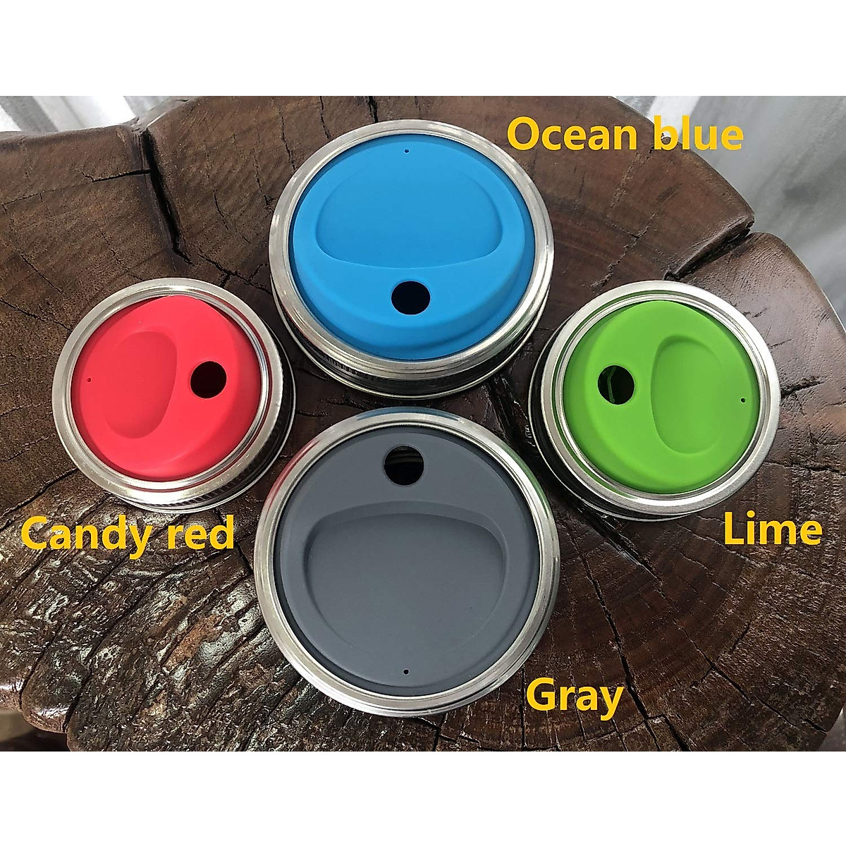 THINKCHANCES Reusable Food Grade and BPA Free Silicone Round Sip Coffee Juice Drinking Straw Lid Set with Stainless Steel Rings for Mason, Ball, Canning Jars, Pack of 4 Sets (Wide Mouth,Round Hole)