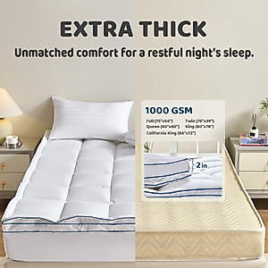 Cosmoluxe Mattress Topper Queen (80"x60"), 2 Inch Pillowtop Mattress Topper for Back Pain, Down Alternative Mattress Pad Cover with 8~21 Inch Deep Elastic Pocket, Navy Piping