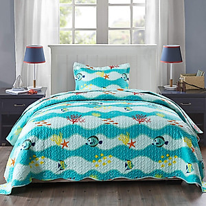 TT LINENS 2 Piece Kids Quilt Set Lightweight Bedspread Decoration Throw Blanket Teens Boys Girls Bed Printed Beach Sea Sea Life Bedding Coverlet Comforter Set/ 277 Fish Quilt (Twin)