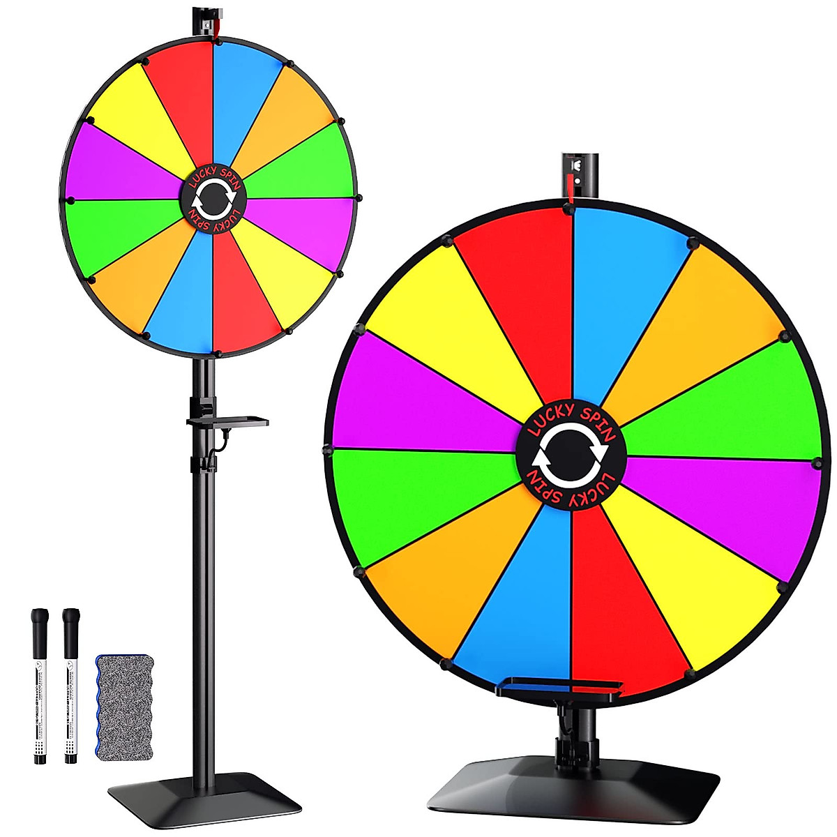 24" Prize Wheel - Dual Use Tabletop or Height Adjustable Floor Stand Heavy Duty Spinner Wheel of Fortune with 12 Slots & Dry Erase & Eraser for Carnival, Trade Show, Fortune Spinning Game