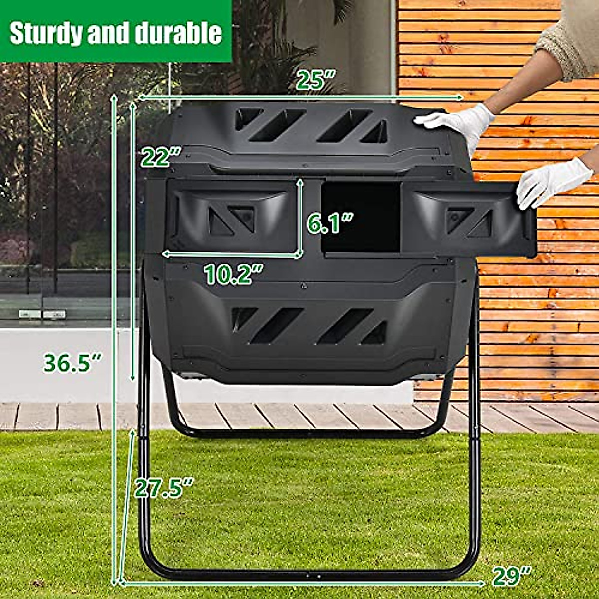 Squareful 43 Garden Compost Bin, 43 Gallon Dual Chamber, Composting Tumbler w/ 2 Sliding Doors & Steel Frame, Large Capacity, Rustproof for All Weather