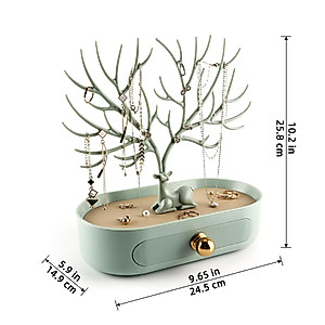 MORE&LESS Antlers Jewelry Display Stand with Aluminium alloy handle, Tree Tower Rack Hanging Organizer for Ring Earrings Necklace Bracelet, Deer Horn Tree Stand with Storage Drawer and Tray