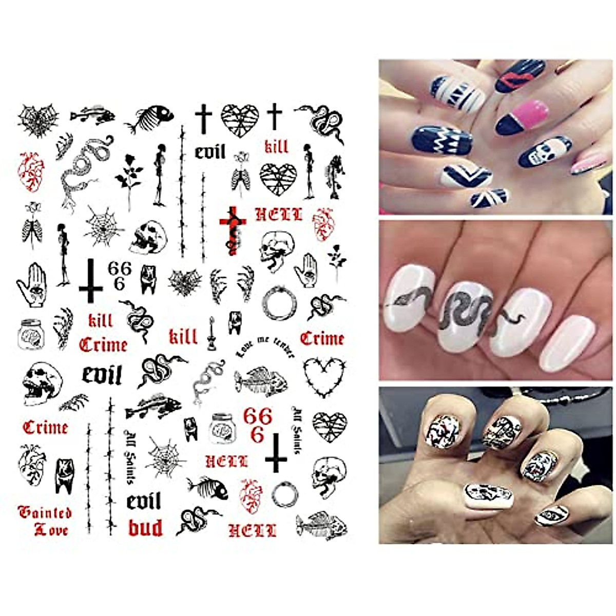 6 Sheets Snake Nail Art Stickers,Black Skull Goth Nail Decals 3D Self Adhesive Nail Art Supplies Halloween Gothic Punk Horror Nail Stickers Designer DIY Charms Decor Nail Art Accessories Decals