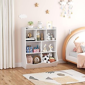 SUNNYFURN Kids 3-Tier Toy Storage Organizer Bookshelf White- 7 Compartment Bookshelf & Toy Shelf for Kids' Room, Bedroom, Living Room, and Kindergarten - for Toys and Books