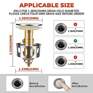 Only For 1.38 Inches Wash Basin Bounce Drain Filter , 2PCS Stainless Steel Kitchen Bathroom Plug Pop up Sink Drain Stopper Drain Strainer with Basket