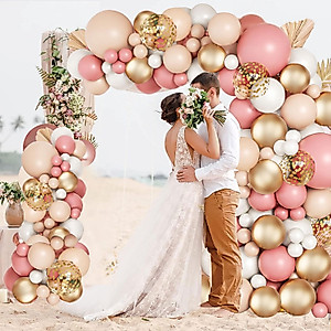 Dusty Pink Blush Balloon Arch Kit, Retro Pink Nude Matte White Metallic Gold Balloons and Gold Confetti Balloons for Boho Engagement Wedding Bridal Shower Birthday Baby Shower Decorations…