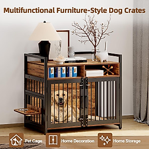 GarveeLife Large Dog Crate Furniture, 41inch Furniture Dog Crate with Drawers Storage, 360°and Adjustable Raised Feeder, Wooden Dog Crate for Large/Medium Dog Indoor Brown 41inch