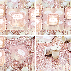 Rose Gold Party Supplies, Rose Gold Birthday Party Decorations for Girls, Women, Includes Dinner Plate, Dessert Plates,Tableware, Rose Gold Tablecloth, Cups, Table Napkins, Flag, Serves 20 Guests