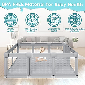 Fshibila 74" ×50" Large Baby Playpen, Baby Playard for Babies and Toddlers, Baby Fence Play Pens for Indoor & Outdoor, Sturdy Safety Play Yard with Soft Breathable Mesh, Anti-Fall, Grey