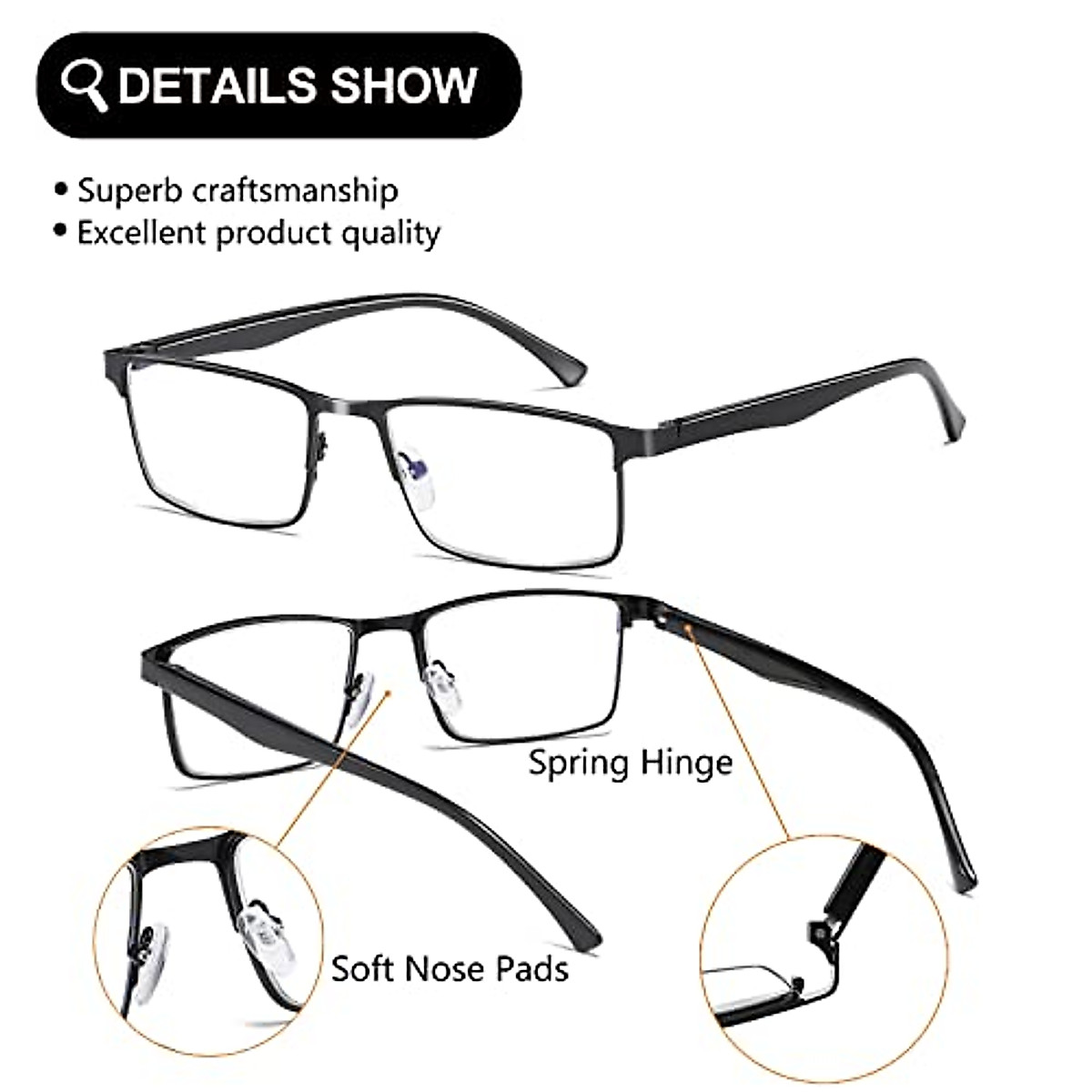 NaNaKo 5 Pack Reading Glasses for Men, Lightweight Blue Light Blocking Metal Frame Mens Readers (Black+Gunmetal+Blue, 1.25)