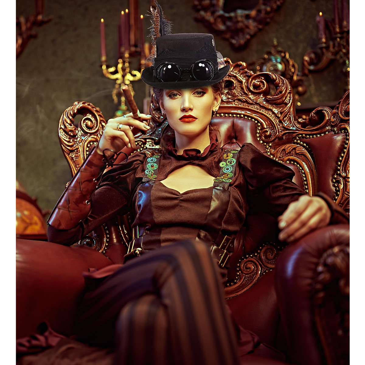 Attitude Studio Fedora Steampunk Hat with Goggles, Feathers, and Gears - Black