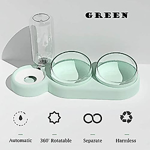JiangYanus Raised Cat Bowls, 15° Tilted Cat Puppy Food and Water Bowl Set with Automatic Water Dispenser Bottle Cat Dish for Cat Small Medium Dogs (Green)