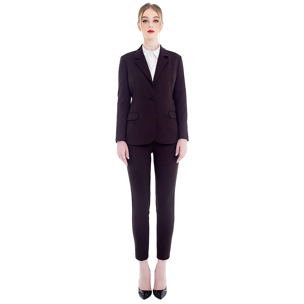 Marycrafts Women's Business Blazer Pant Suit Set for Work 12 Black Brown
