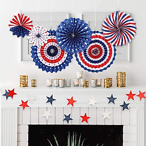 Risshine 4th/Fourth of July Patriotic Party Decorations Set- Red White/Silver Blue Star Streamers and 6Pcs Red White Blue Hanging Paper Fans for American Independence Day Party Decor Supplies