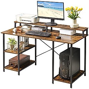 IBUYKE 55" Computer Desk, Office Table, Gaming Workstation with Storage Shelves/Monitor Stand, Study Table for Home Office, Space-Saving, Easy to Assemble, Rustic Brown and Black UTMJ056H