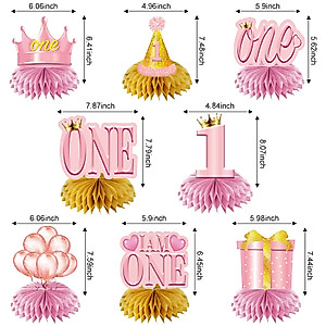 8Pcs 1st Birthday Decorations Honeycomb Centerpieces for Baby Girls, Pink Rose Gold I Am One Happy First Birthday Table Centerpieces Party Supplies, One Year Old Bday Table Toppers Decor
