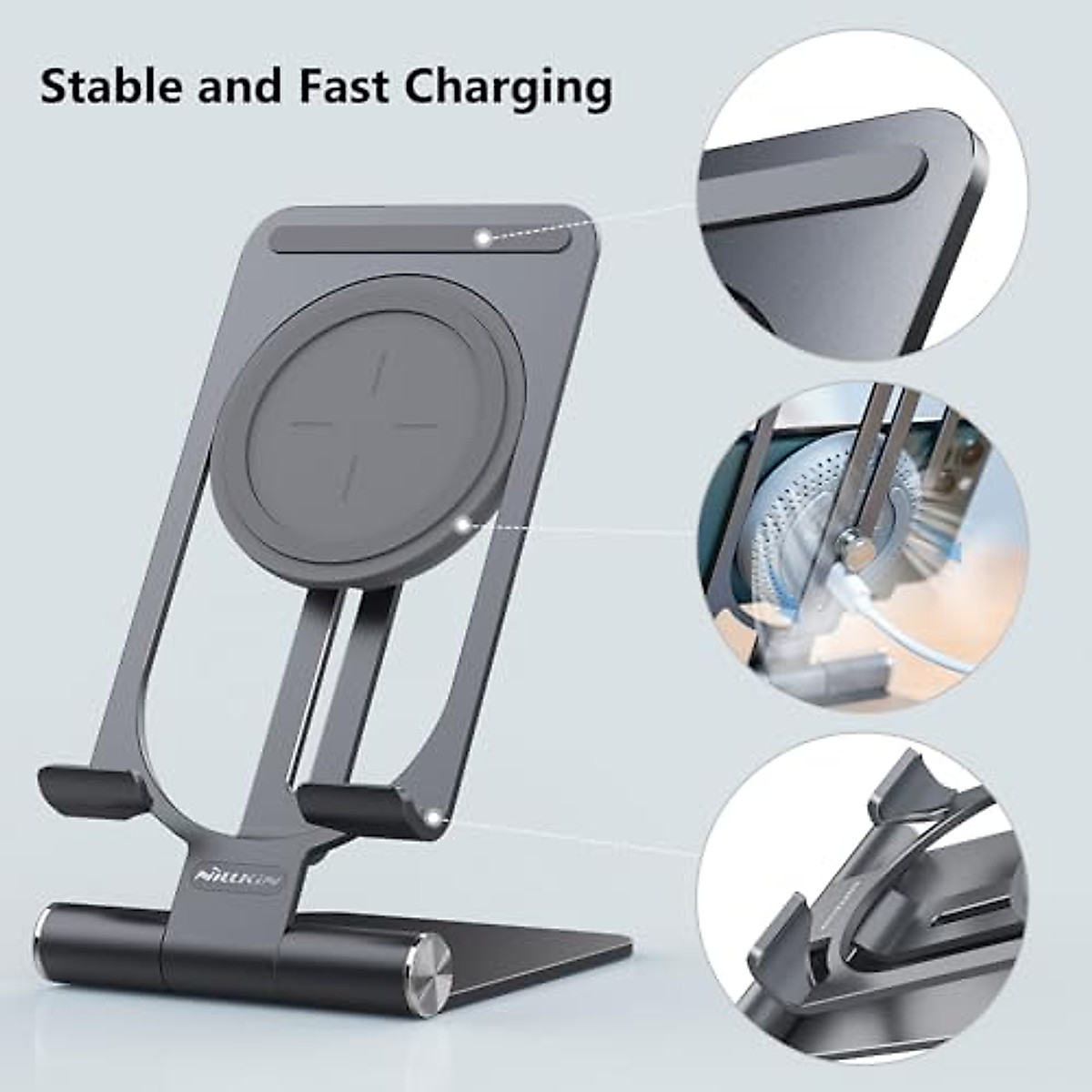 Nillkin Fast Wireless Charger Stand Adjustable - Qi Wireless Charging Stand for iPhone 15 14 13 12 pro max/Pro/Plus, Samsung Galaxy S23 S22 Ultra S21 Plus S20, Note 20/10+/9 and More, Gray