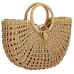 Straw Bags for Women,Hand-woven Straw Large Hobo Bag Round Handle Ring Tote Retro Summer Beach Rattan bag (Black)