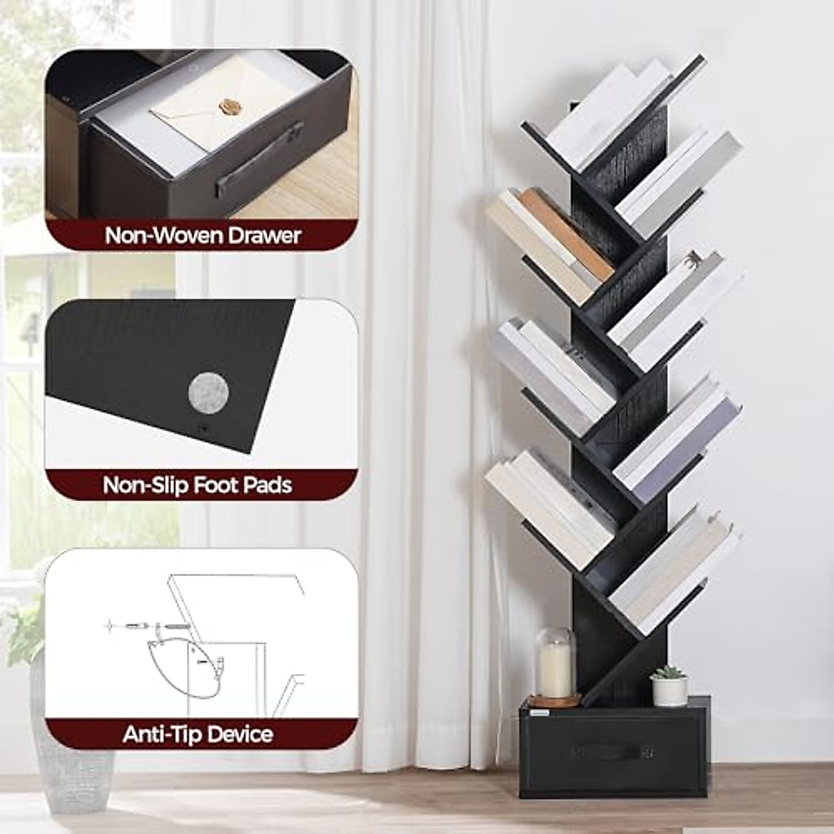 MAHANCRIS Tree Bookshelf, 9-Tier Bookshelf with Drawer, Wooden Book Storage Rack, Floor Standing Bookcase, Utility Organizer Shelves for CDs/Books/Movies, for Living Room, Home Office, Black BKB7101