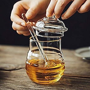 Kingbuy Honey Jar Glass Honeypot with Dipper and Lid Cover Honey Containers for Home Kitchen, 9 Ounce, Clear