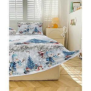 AMZRicher Snowman Wrap Around Pleated Bed Skirts for Queen Bed 60x80, Decorative Dust Ruffle Bed Sheet & Bedskirt 18'' Drop Bedspread with Pillow Case 20x30 Christmas Winter Farmhouse Ball Snowflake