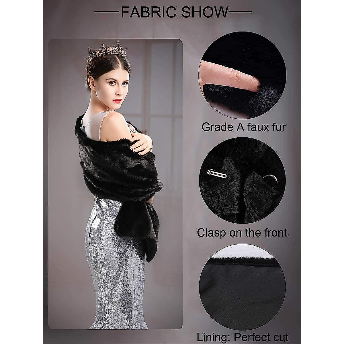 Aukmla Faux Fur Shawl Wedding Fur Wraps and Shawls Bridal Fur Stole Winter Cape Shrug for Brides and Bridesmaids (Black)