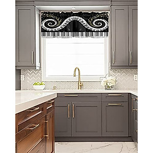 Curtain Valance for Windows Black White Piano Keys Gold Notes Kitchen Valances Rod Pocket Short Curtains,Music Instrumental Stave Swirl Window Treatment Panel for Living Room Bathroom Bedroom 42x12in