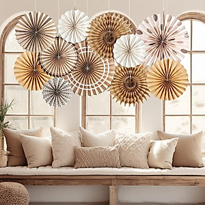 Easy Joy Boho Hanging Paper Fans White Brown Champagne Party Decorations Neutral Rustic Paper Fans Classroom Decoration for Baby Shower Birthday Wedding Bridal Party