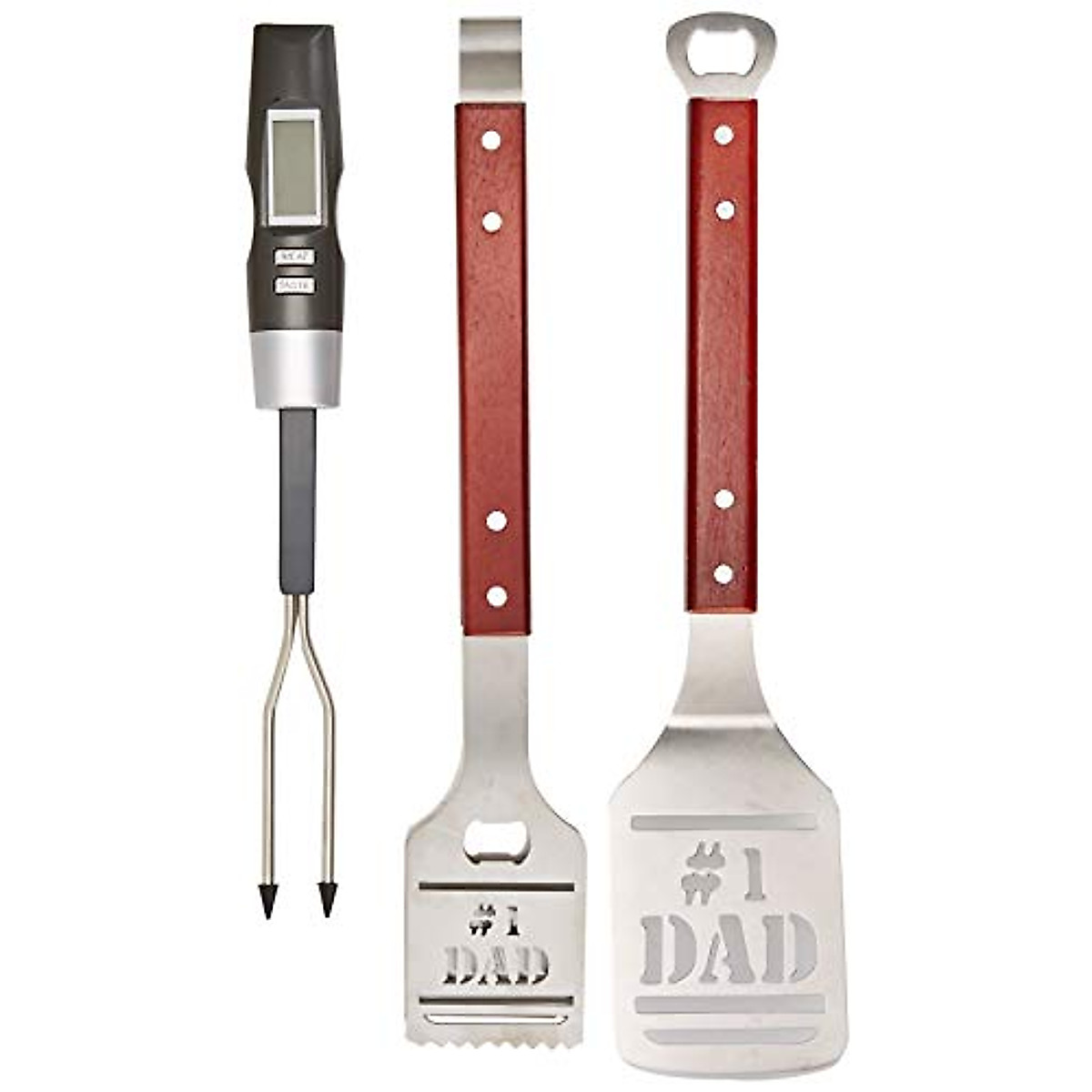 Panoware BBQ Grill Tools Set Gift for Dad, 4 Piece Set, Number 1 Dad Tongs, Spatula, Digital Thermometer and Case