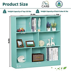 LEYAOYAO 8 Cube Bookshelf with Base,3 Tier Modern Mint-Green Kids Bookcase,Standing Wide Bookshelves Storage Organizer Toy Shelf,Wood Display Children's Book Shelves for Bedroom,Living Room,Nursery