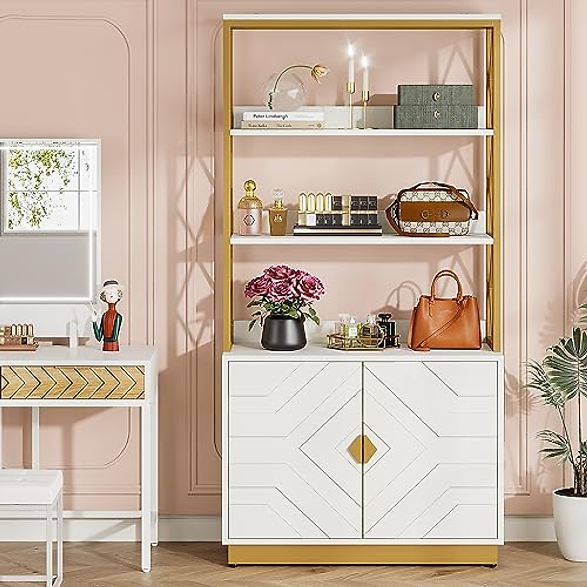 Tribesigns White and Gold Bookshelf with Doors: 70.9 Inches Tall Etagere Bookcase with 3 Shelves 2 Cabinets, Modern Open Display Book Shelves with Metal Frame for Living Room Bedroom Office