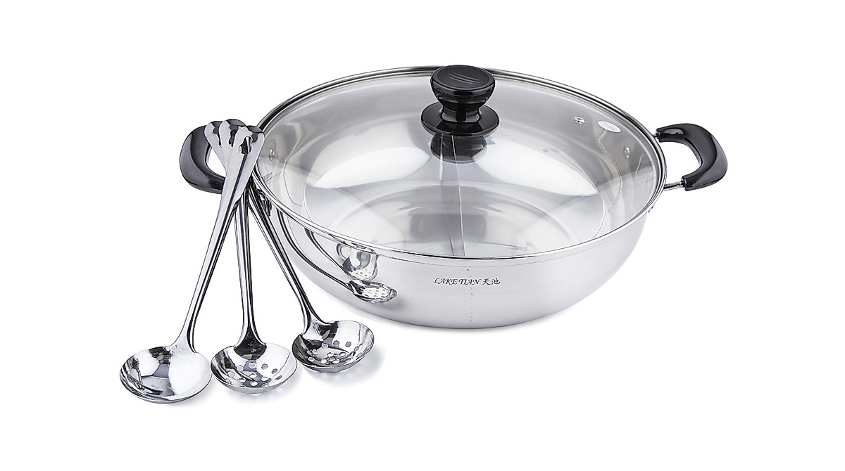 Lake Tian Stainless Steel Shabu Shabu Hot Pot, Dual Sided Yin Yang Hot Pot with Divider Include ...