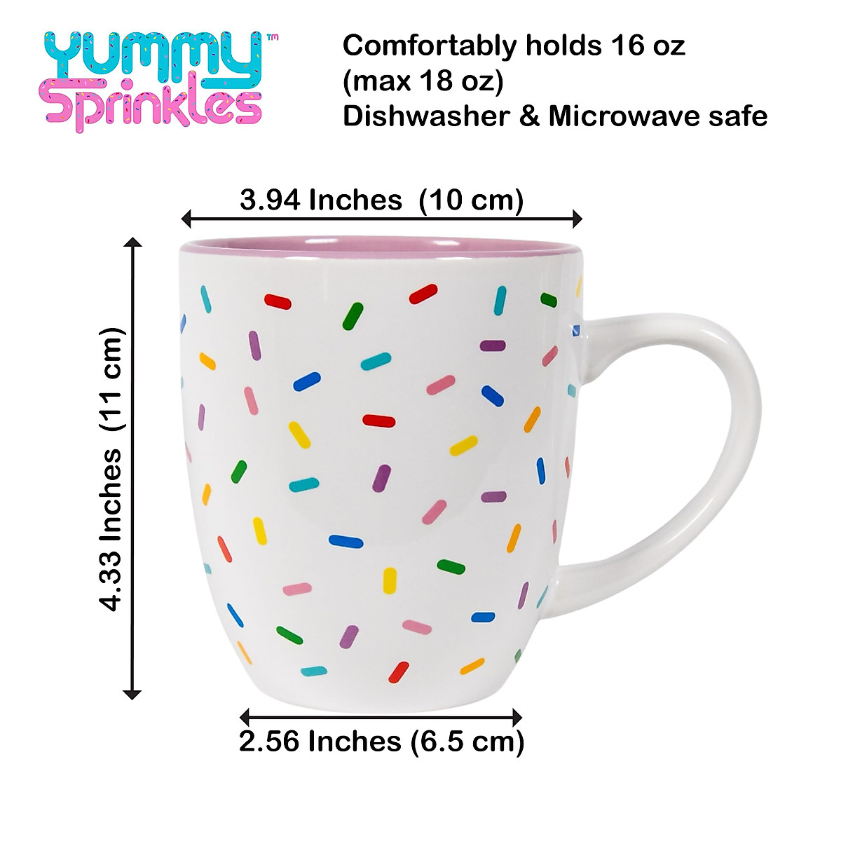 Yummy Sprinkles Mug | Lavendar Cute Coffee Mug with Rainbow Sprinkles | Birthday cake Coffee Cup Gift | Large White Ceramic Cup with Green, Yellow, Red, Pink, and Blue Sprinkles | Fun Pattern