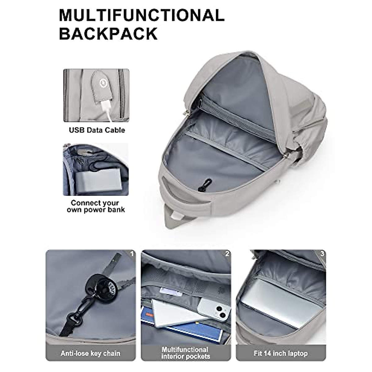 Small Backpack For School Girls Boys Aesthetic Lightweight Travel Daypack Simple Cute Backpack For Women Men Waterproof College High School Bookbag Fit 14 Inch Laptop With USB charging port,Rrey Brown