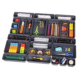 Set of 28 Interlocking Desk Drawer Organizer Tray Dividers Plastic Shallow Narrow Drawers Organizers Separators Storage Bins Container for Kitchen Bathroom Makeup Office Vanity Bedroom Dresser
