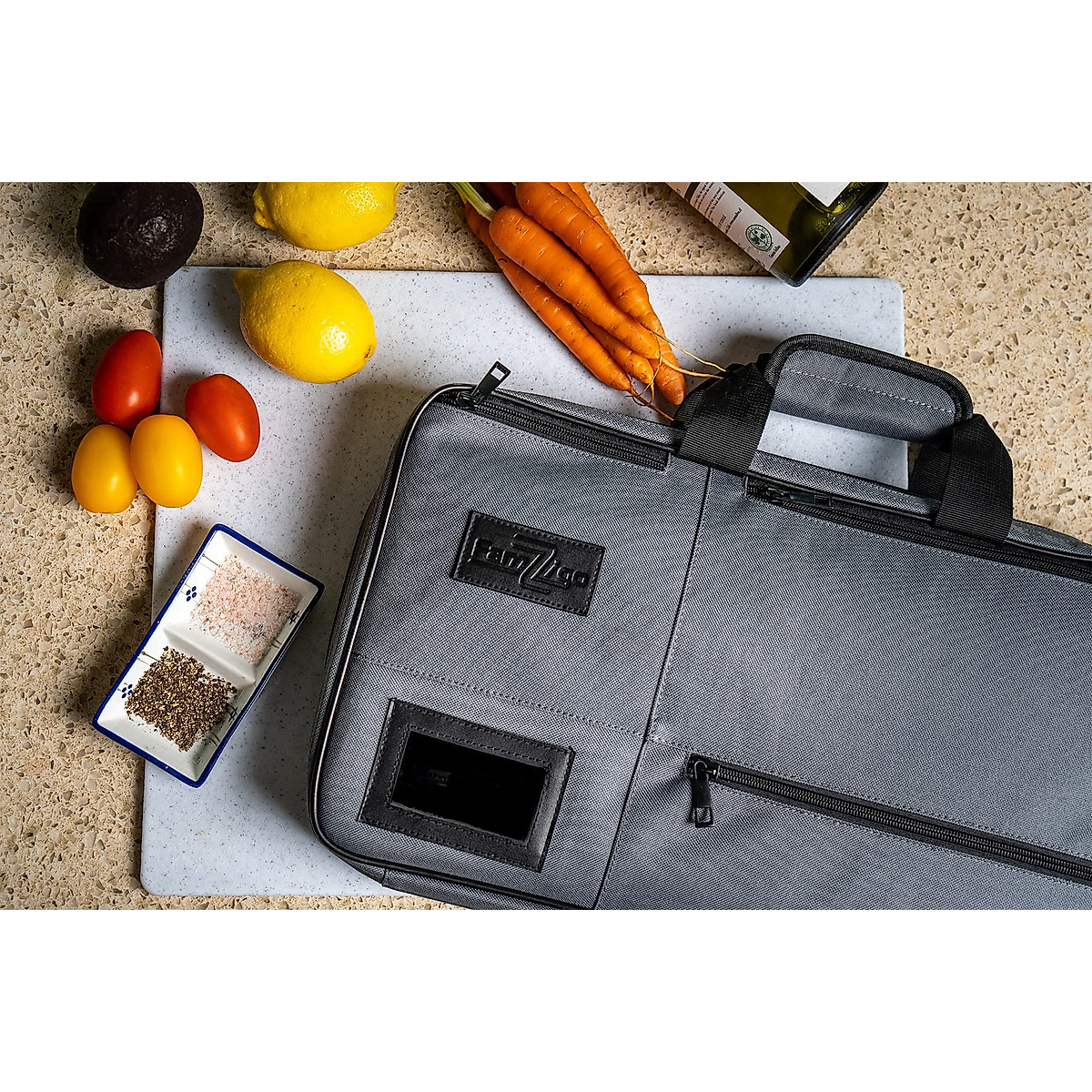 famzigo Silver Chef Knife Bag - 29 Flexible Universal Pockets, Detachable Adjustable Shoulder Strap - Professional Kitchen Accessories - Camping Storage, Carrying Case