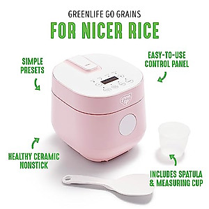 GreenLife Healthy Ceramic Nonstick 4-Cup Rice Oats and Grains Cooker, PFAS-Free, Dishwasher Safe Parts, Pink