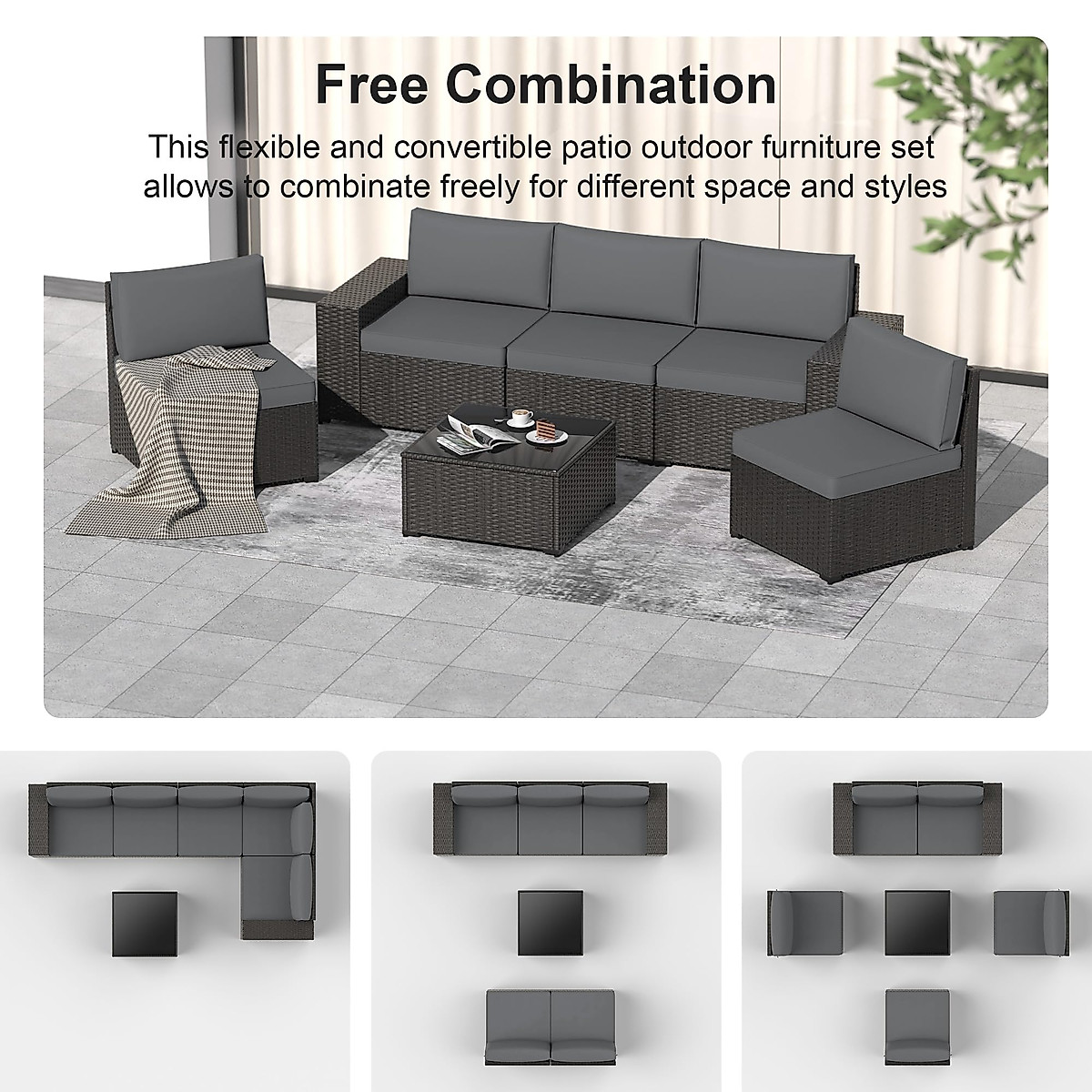 GOJOOASIS 6 Pieces Patio Furniture Set Outdoor Wicker Sectional Conversation Sofa All-Weather Rattan Couch Patio Seating with Cushion and Glass Table for Porch, Poolside, Backyard, Balcony (Gray)