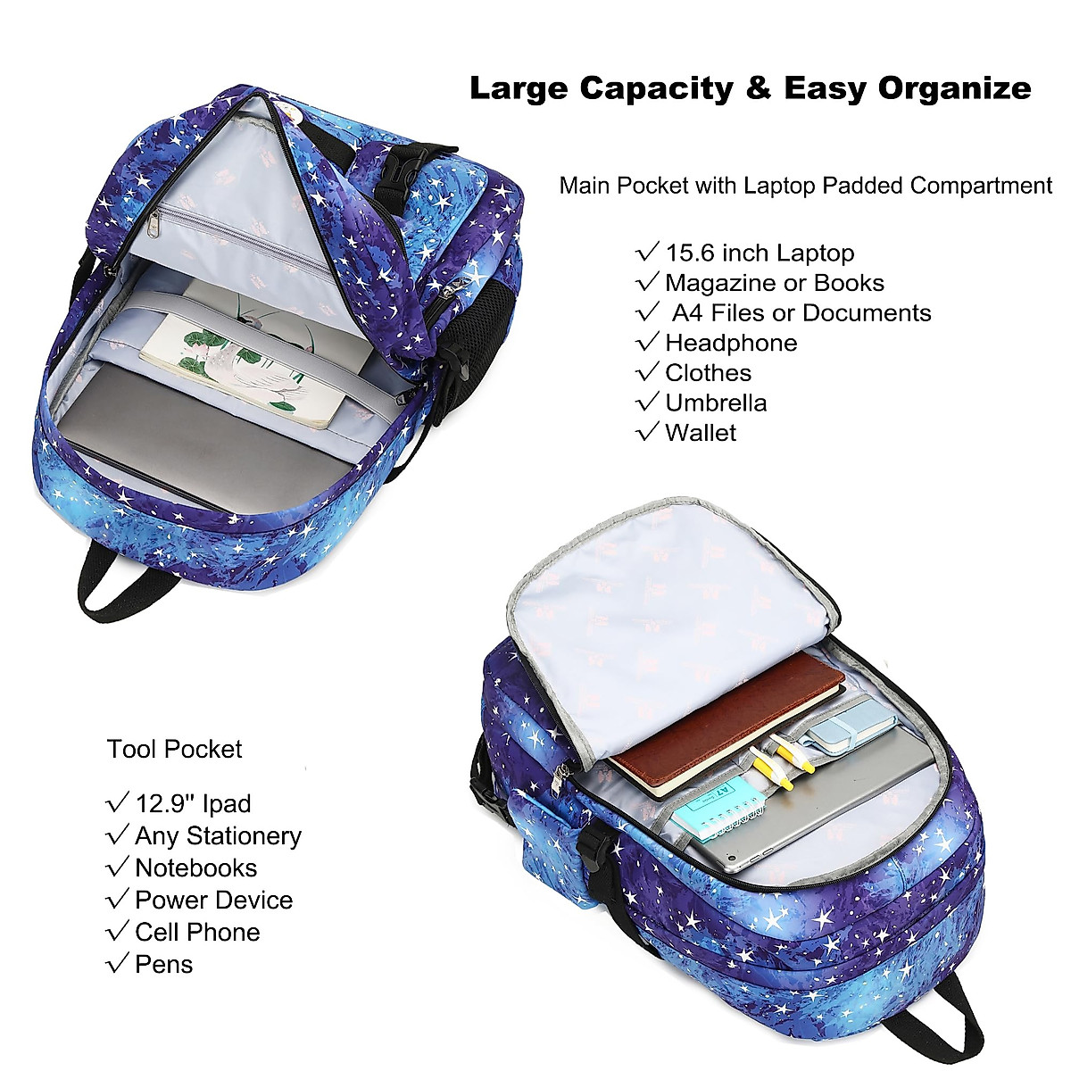 Laptop Backpacks 15.6 Inch College Backpack Elementary Middle High School Book Bag Cute Kids Bookbags Anti Theft Travel Back Pack Casual Daypack for Teens Girls Women Students (Galaxy Blue)