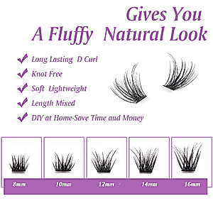 SQYlashes Eye Lash Clusters D Curl, Individual Lashes Cluster Eyelash Extensions, 100PCS Natural DIY Lash Extensions at Home (D24, Mix 8-16mm)