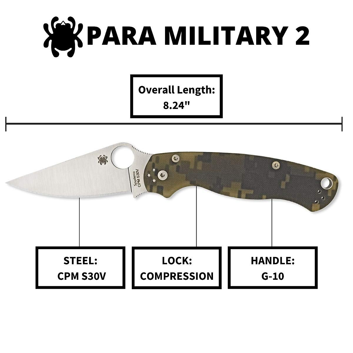 Spyderco Para Military 2 Signature Camo Knife with 3.42" CPM S45VN Steel Blade and Durable G-10 Handle - PlainEdge - C81GPCMO2