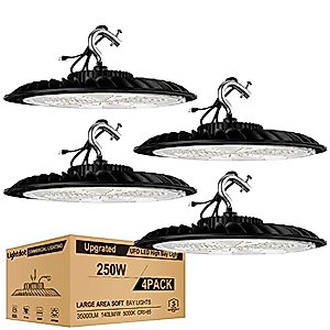 Lightdot 4Pack 250W LED High Bay Light 35000lm (Eqv.1000W MH/HPS) Commercial Bay Lighting, 5000K Daylight LED UFO High Bay with US Plug for Garage/Barn, Energy Saving Upto 1840KW*4/Y(5Hrs/Day)