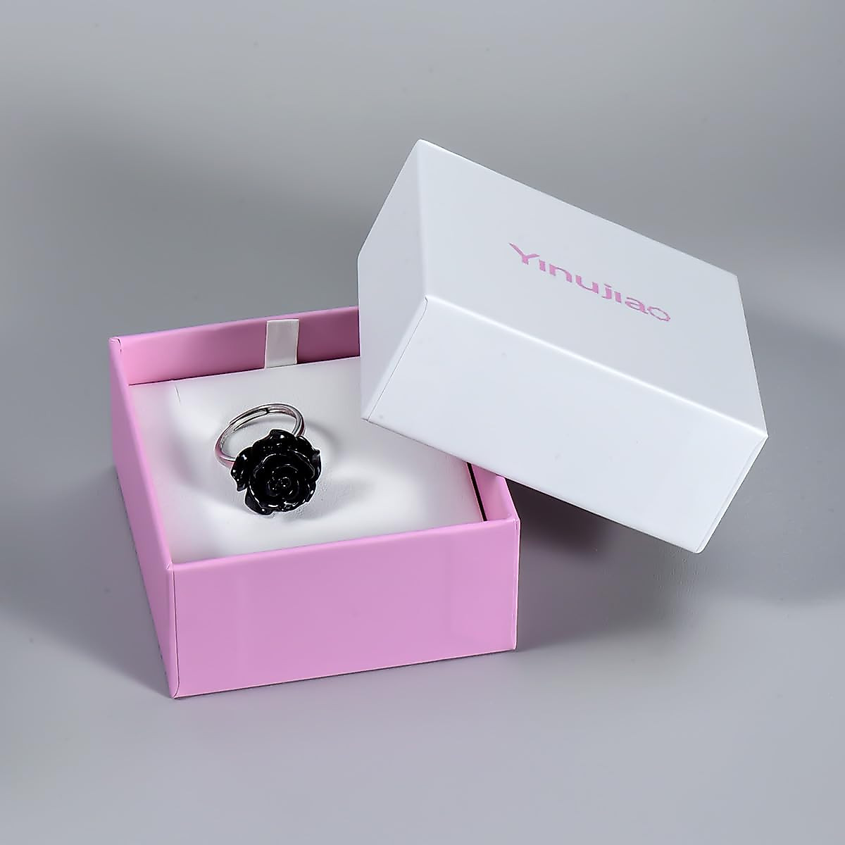 YINUJIAO 925 Sterling Silver Romantic Delicate Black White Red Floral Blooming 3D Carved 20MM Rose Flower Rings Adjustable Cuff Ring For Women and Men Adults (Black)