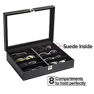 JackCubeDesign 8 Compartments Leather Eyeglass Display Organizer, Sunglass Storage Case Box Tray with Acrylic Cover (Carbon Design Black) - MK379A