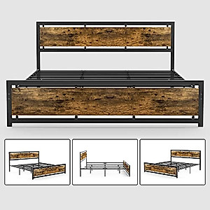 IKIFLY Industrial Metal King Size Bed Frame/Farmhouse Metal Platform Bed with Wooden Headboard Footboard/Heavy Duty Steel Slats Support/No Box Spring Need, Easy Assembly（King, Rustic Brown）