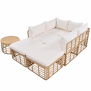 7 Pieces Outdoor Patio Furniture Sectional Sofa Set with Coffee Table, All-Weather Rattan Conversation Set with Thick Cushions and Pillows for Garden Backyard Balcony, Freely Combined (Beige-7S)