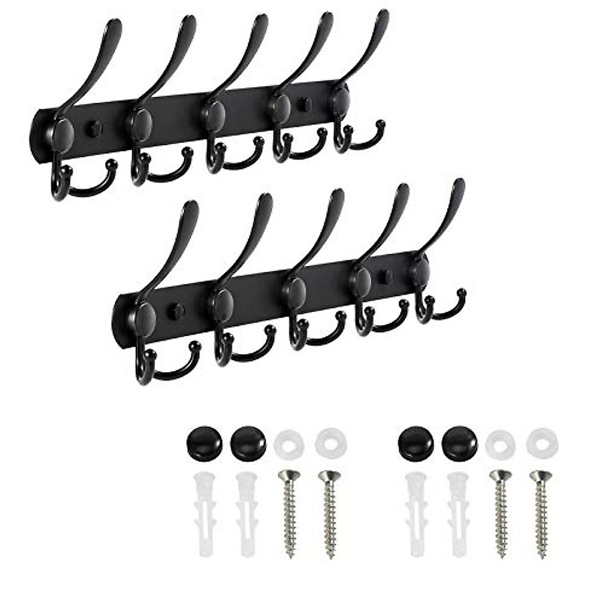 Coat Rack Wall Mounted, 2PCS Coat Hanger Wall 5 Tri Hooks Heavy Duty Stainless Steel Coat Hook Rail for Coats Towels Purse Robes Keys and Hats(Black)