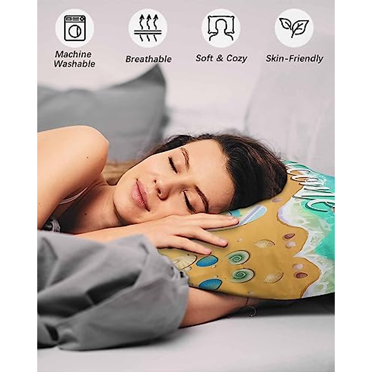 Edwiinsa Beach Pillow Covers Standard Size Set of 2 20x26 Bed Pillow, Summer Ocean Starfish Seashells Slippers Blue Sea Plush Soft Comfort for Hair/Skin Cooling Pillowcases with Envelop Closure